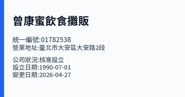 曾康蜜飲食攤販的照片-統編 01782538(臺北市) 公司登記資料與營業項目詳細圖表
