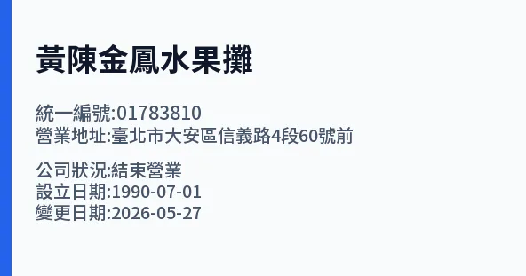 黃陳金鳳水果攤的照片-統編 01783810(臺北市) 公司登記資料與營業項目詳細圖表