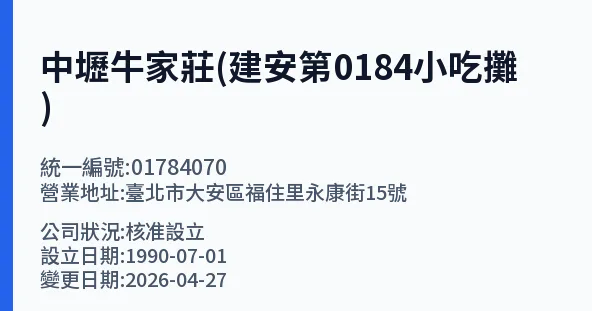 中壢牛家莊(建安第0184小吃攤)的照片-統編 01784070(臺北市) 公司登記資料與營業項目詳細圖表