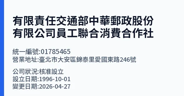 有限責任交通部中華郵政股份有限公司員工聯合消費合作社的照片-統編 01785465(臺北市) 公司登記資料與營業項目詳細圖表