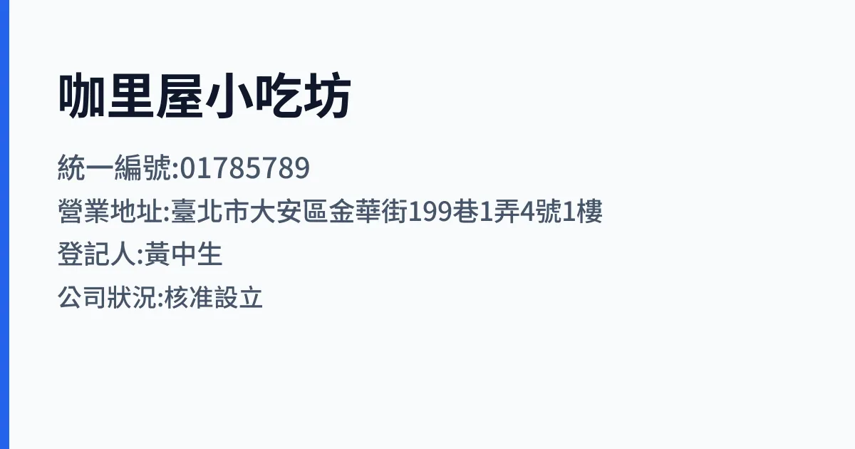 咖里屋小吃坊 - 統編 01785789(臺北市) 公司登記資料與營業項目詳細圖表
