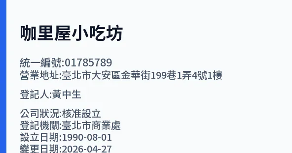 咖里屋小吃坊的照片-統編 01785789(臺北市) 公司登記資料與營業項目詳細圖表