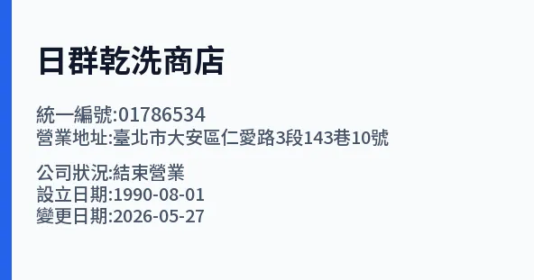 日群乾洗商店的照片-統編 01786534(臺北市) 公司登記資料與營業項目詳細圖表