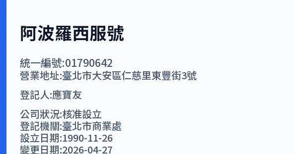 阿波羅西服號的照片-統編 01790642(臺北市) 公司登記資料與營業項目詳細圖表