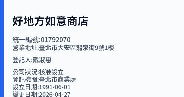 好地方如意商店的照片-統編 01792070(臺北市) 公司登記資料與營業項目詳細圖表