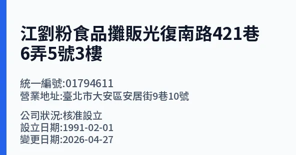 江劉粉食品攤販光復南路421巷6弄5號3樓的照片-統編 01794611(臺北市) 公司登記資料與營業項目詳細圖表