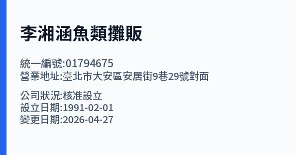 李湘涵魚類攤販的照片-統編 01794675(臺北市) 公司登記資料與營業項目詳細圖表