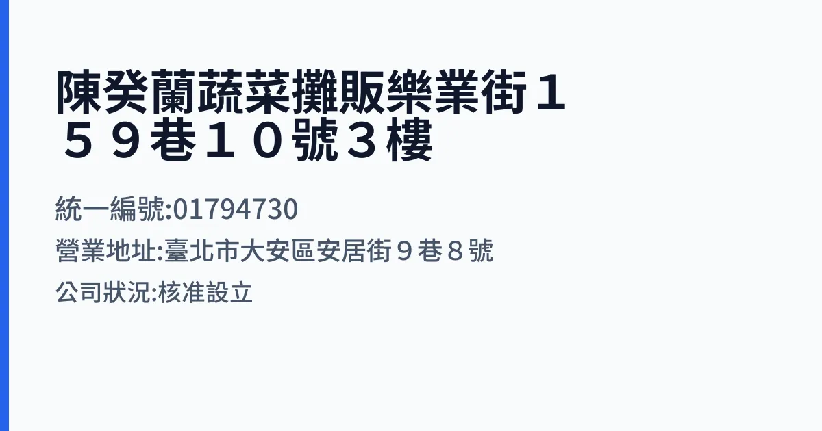 陳癸蘭蔬菜攤販樂業街１５９巷１０號３樓 - 統編 01794730(臺北市) 公司登記資料與營業項目詳細圖表