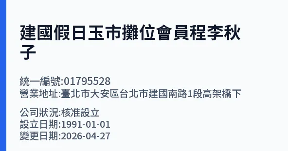 建國假日玉市攤位會員程李秋子的照片-統編 01795528(臺北市) 公司登記資料與營業項目詳細圖表