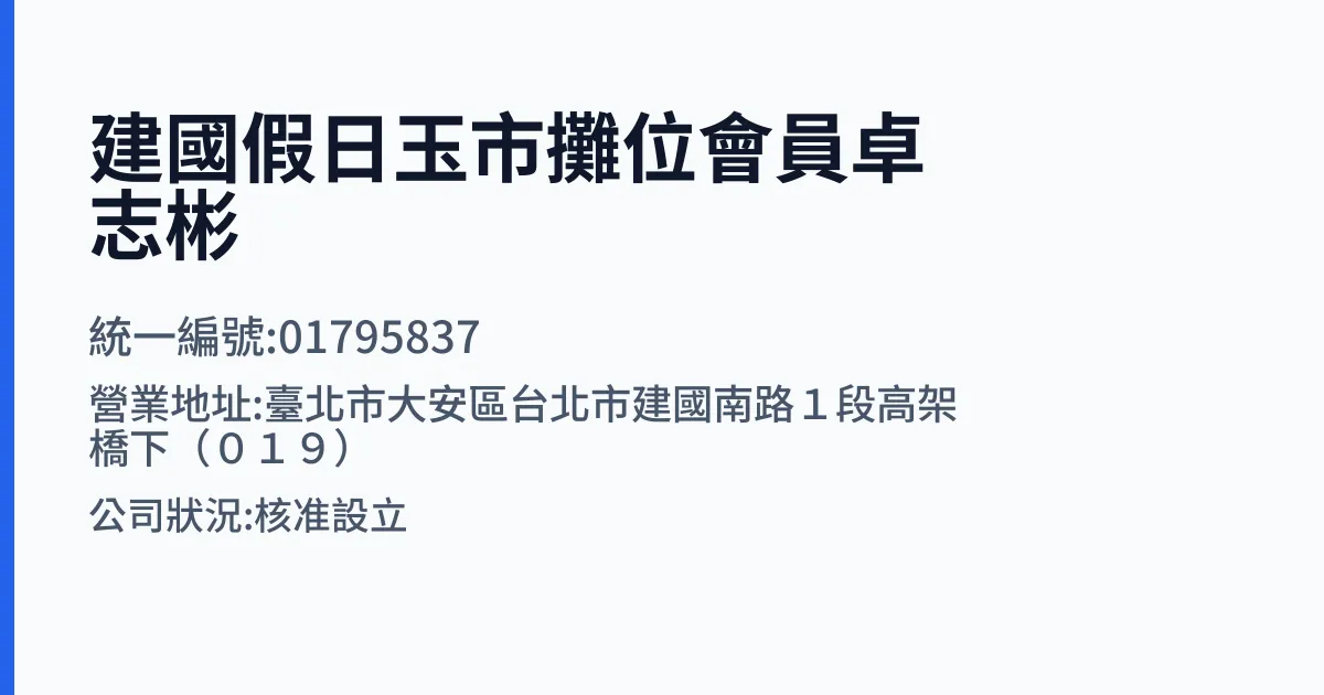 建國假日玉市攤位會員卓志彬 - 統編 01795837(臺北市) 公司登記資料與營業項目詳細圖表