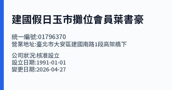 建國假日玉市攤位會員葉書豪的照片-統編 01796370(臺北市) 公司登記資料與營業項目詳細圖表