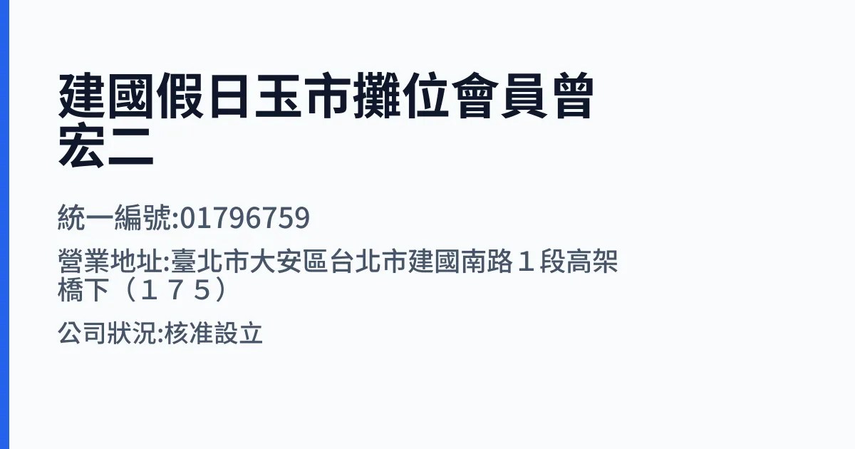 建國假日玉市攤位會員曾宏二 - 統編 01796759(臺北市) 公司登記資料與營業項目詳細圖表
