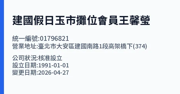 建國假日玉市攤位會員王馨瑩的照片-統編 01796821(臺北市) 公司登記資料與營業項目詳細圖表
