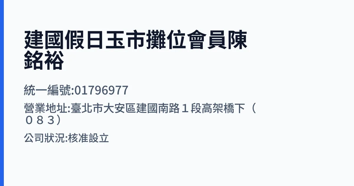 建國假日玉市攤位會員陳銘裕 - 統編 01796977(臺北市) 公司登記資料與營業項目詳細圖表