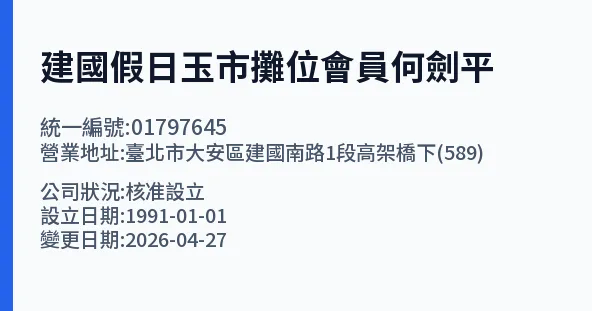 建國假日玉市攤位會員何劍平的照片-統編 01797645(臺北市) 公司登記資料與營業項目詳細圖表