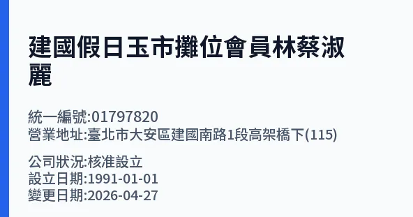 建國假日玉市攤位會員林蔡淑麗的照片-統編 01797820(臺北市) 公司登記資料與營業項目詳細圖表