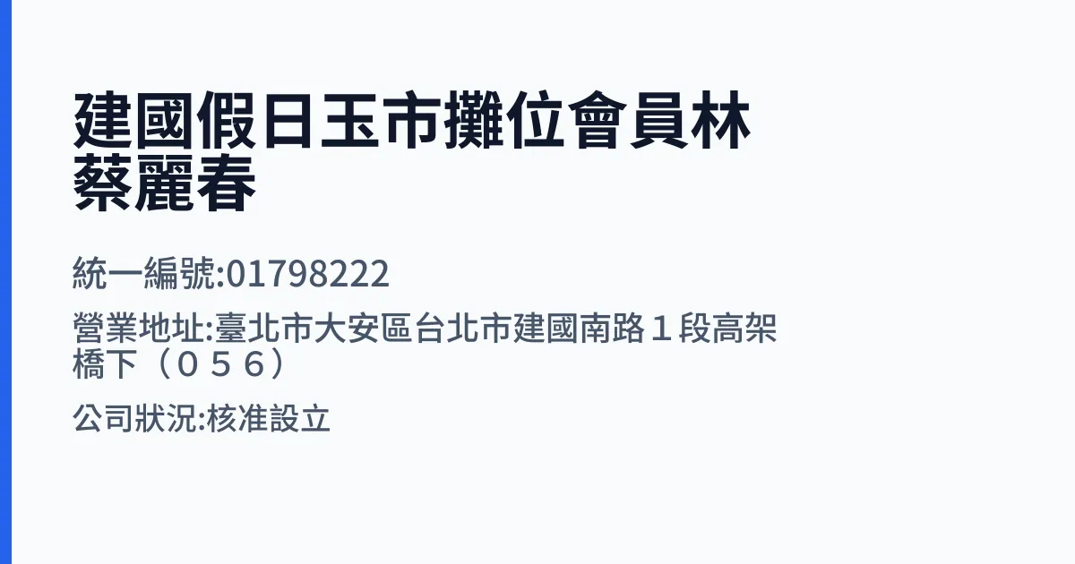 建國假日玉市攤位會員林蔡麗春 - 統編 01798222(臺北市) 公司登記資料與營業項目詳細圖表