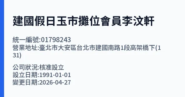 建國假日玉市攤位會員李汶軒的照片-統編 01798243(臺北市) 公司登記資料與營業項目詳細圖表