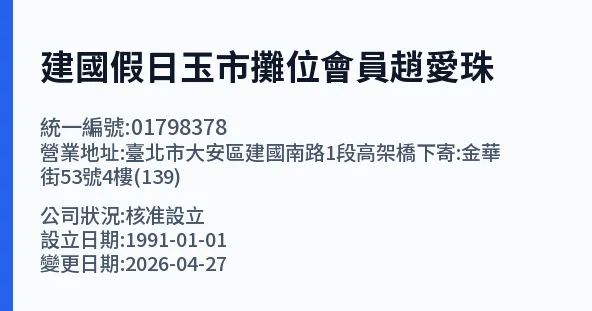 建國假日玉市攤位會員趙愛珠的照片-統編 01798378(臺北市) 公司登記資料與營業項目詳細圖表