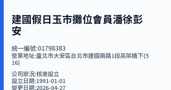 建國假日玉市攤位會員潘徐彭安的照片-統編 01798383(臺北市) 公司登記資料與營業項目詳細圖表