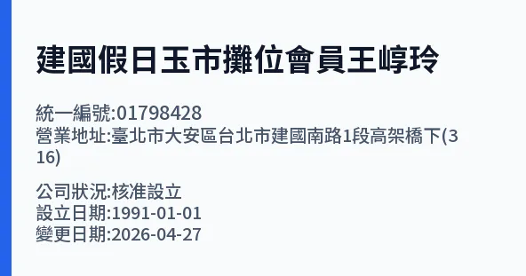 建國假日玉市攤位會員王崞玲的照片-統編 01798428(臺北市) 公司登記資料與營業項目詳細圖表