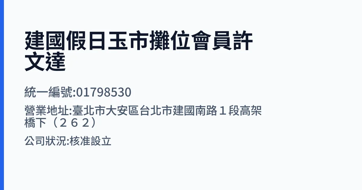 建國假日玉市攤位會員許文達 - 統編 01798530(臺北市) 公司登記資料與營業項目詳細圖表