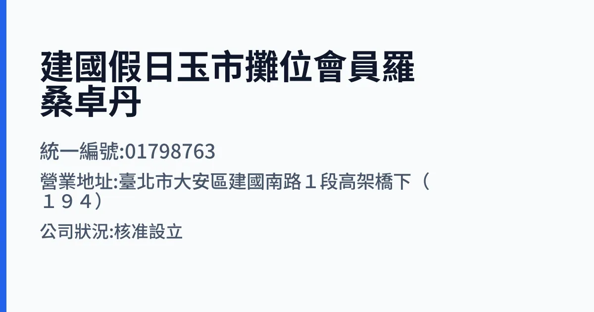 建國假日玉市攤位會員羅桑卓丹 - 統編 01798763(臺北市) 公司登記資料與營業項目詳細圖表