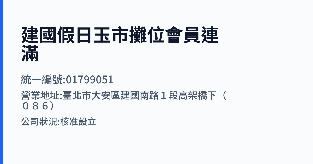 建國假日玉市攤位會員連滿 - 統編 01799051(臺北市) 公司登記資料與營業項目詳細圖表