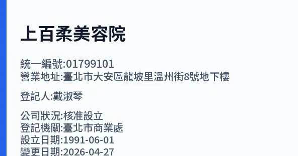 上百柔美容院的照片-統編 01799101(臺北市) 公司登記資料與營業項目詳細圖表