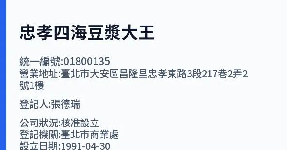 忠孝四海豆漿大王的照片-統編 01800135(臺北市) 公司登記資料與營業項目詳細圖表