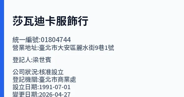 莎瓦迪卡服飾行的照片-統編 01804744(臺北市) 公司登記資料與營業項目詳細圖表