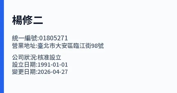 楊修二的照片-統編 01805271(臺北市) 公司登記資料與營業項目詳細圖表