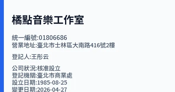 橘點音樂工作室的照片-統編 01806686(臺北市) 公司登記資料與營業項目詳細圖表