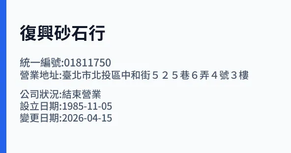 復興砂石行的照片-統編 01811750(臺北市) 公司登記資料與營業項目詳細圖表