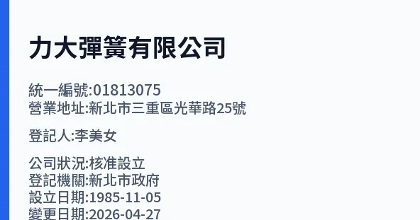 力大彈簧有限公司的照片-統編 01813075(新北市) 公司登記資料與營業項目詳細圖表