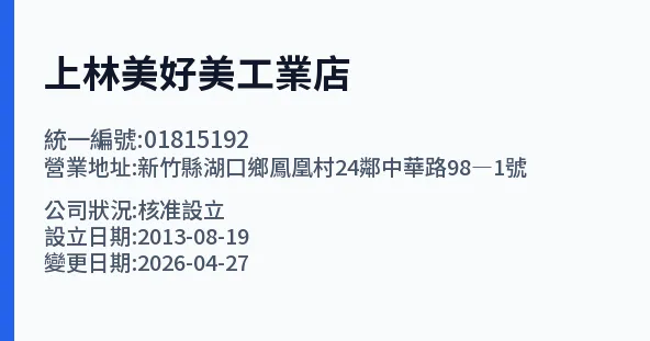 上林美好美工業店的照片-統編 01815192(新竹縣) 公司登記資料與營業項目詳細圖表