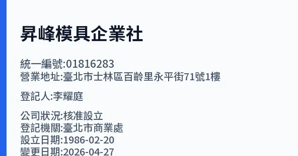昇峰模具企業社的照片-統編 01816283(臺北市) 公司登記資料與營業項目詳細圖表