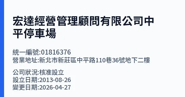 宏達經營管理顧問有限公司中平停車場的照片-統編 01816376(新北市) 公司登記資料與營業項目詳細圖表