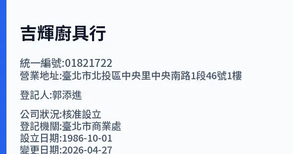 吉輝廚具行的照片-統編 01821722(臺北市) 公司登記資料與營業項目詳細圖表