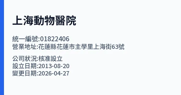 上海動物醫院的照片-統編 01822406(花蓮縣) 公司登記資料與營業項目詳細圖表