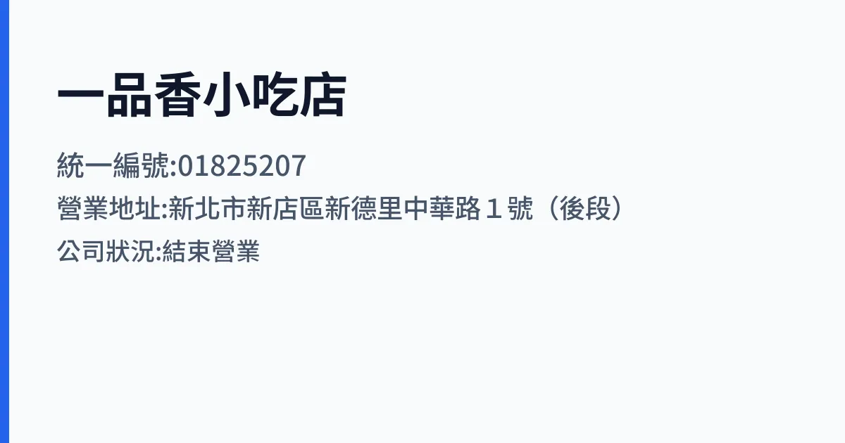 一品香小吃店 - 統編 01825207(新北市) 公司登記資料與營業項目詳細圖表