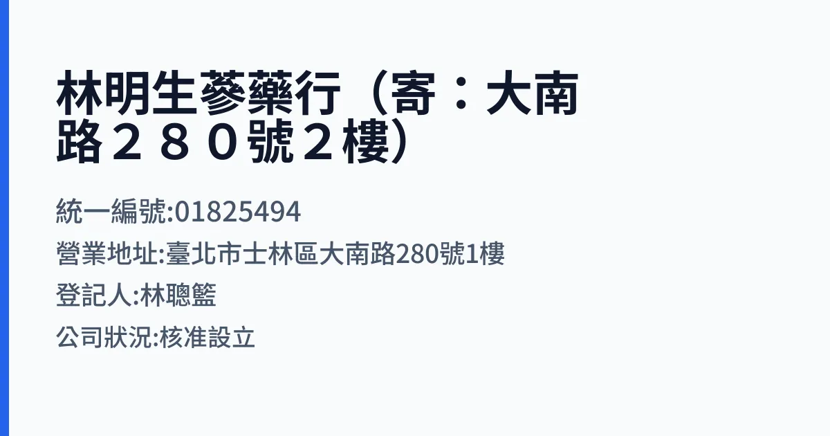 林明生蔘藥行（寄：大南路２８０號２樓） - 統編 01825494(臺北市) 公司登記資料與營業項目詳細圖表