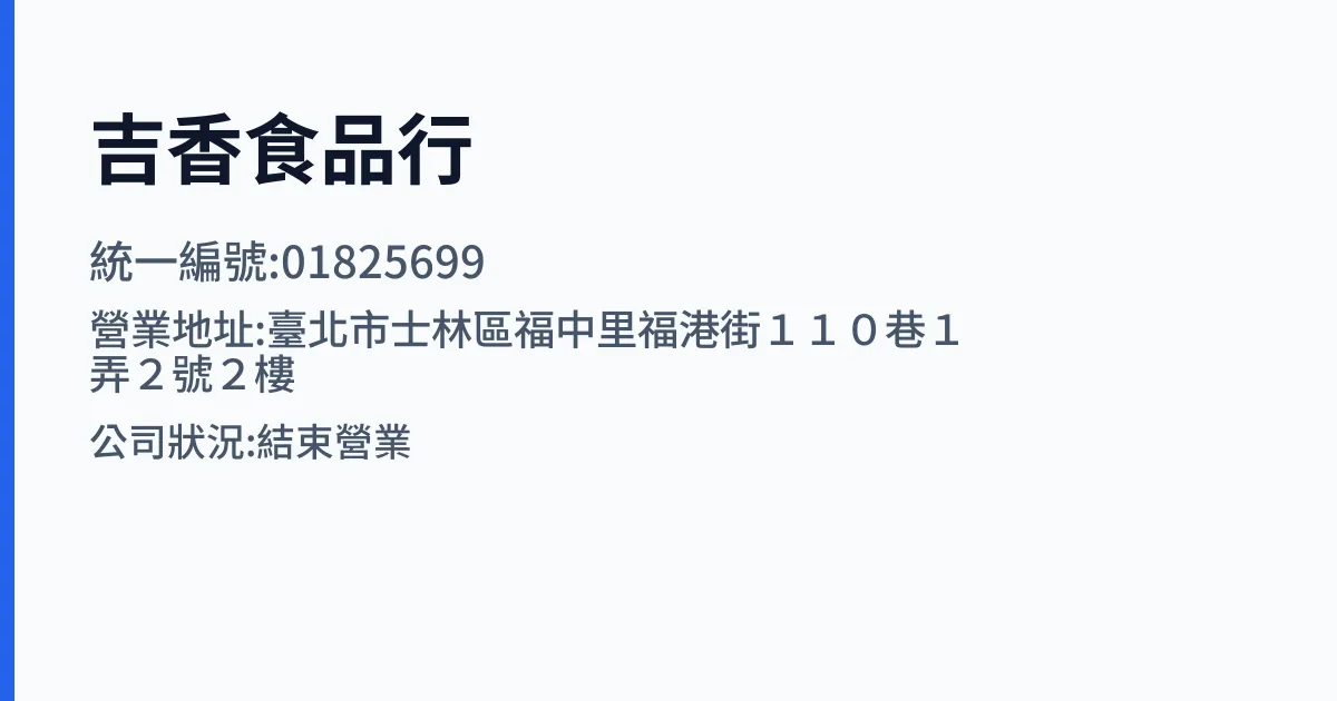 吉香食品行 - 統編 01825699(臺北市) 公司登記資料與營業項目詳細圖表