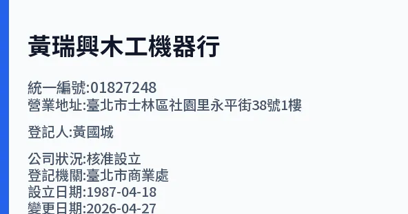 黃瑞興木工機器行的照片-統編 01827248(臺北市) 公司登記資料與營業項目詳細圖表