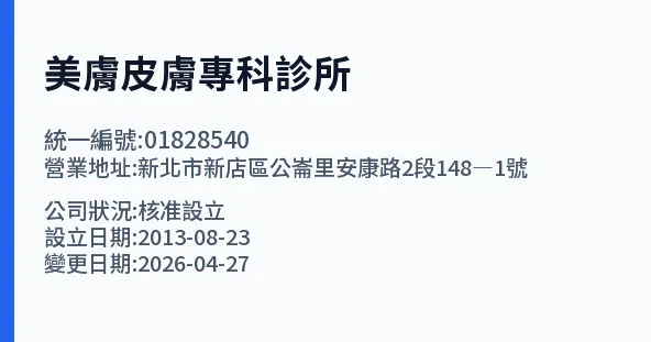 美膚皮膚專科診所的照片-統編 01828540(新北市) 公司登記資料與營業項目詳細圖表