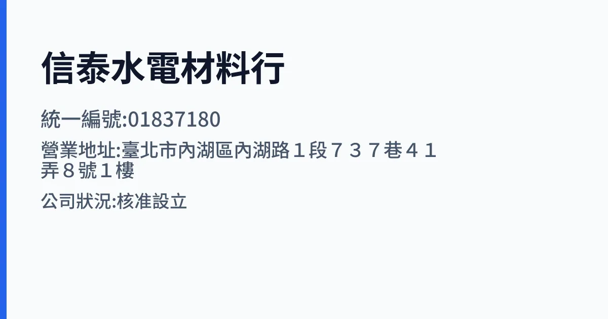 信泰水電材料行 - 統編 01837180(臺北市) 公司登記資料與營業項目詳細圖表