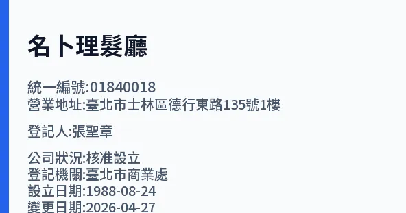 名卜理髮廳的照片-統編 01840018(臺北市) 公司登記資料與營業項目詳細圖表