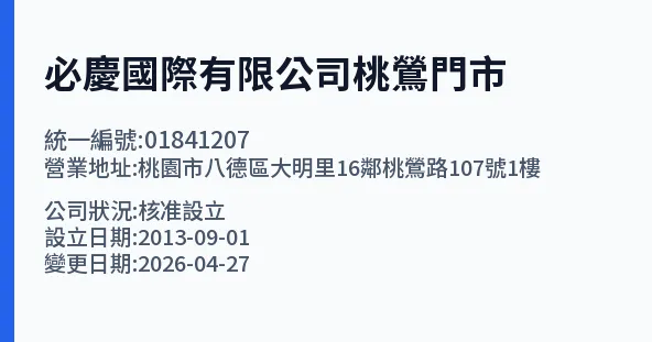 必慶國際有限公司桃鶯門市的照片-統編 01841207(桃園市) 公司登記資料與營業項目詳細圖表