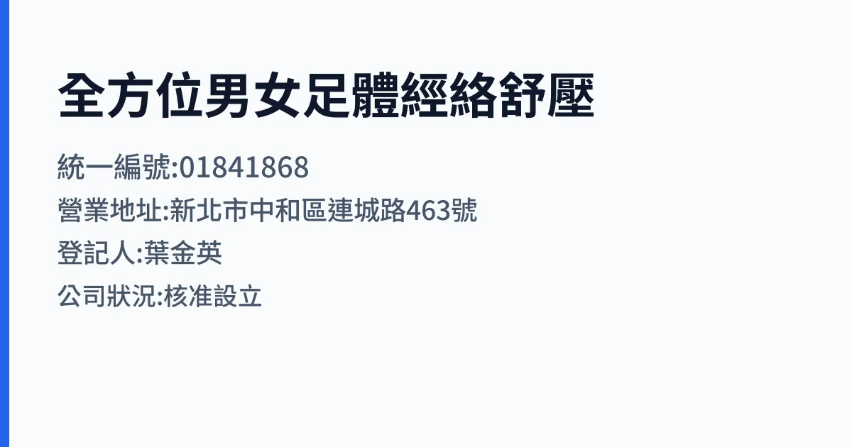 全方位男女足體經絡舒壓 - 統編 01841868(新北市) 公司登記資料與營業項目詳細圖表