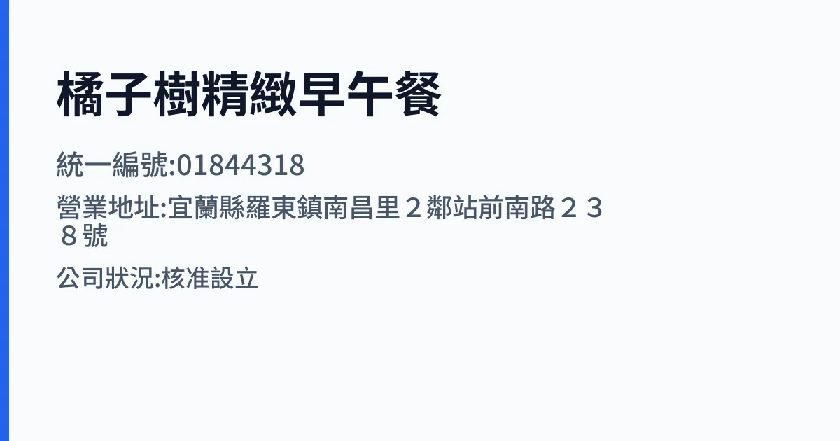 橘子樹精緻早午餐 - 統編 01844318(宜蘭縣) 公司登記資料與營業項目詳細圖表